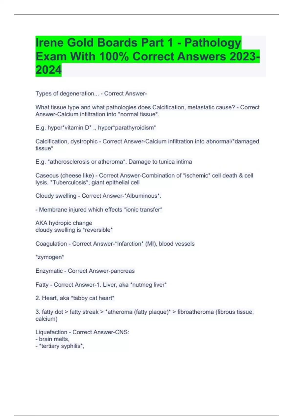 Irene Gold Boards Part 1 - Pathology Exam With 100% Correct Answers ...