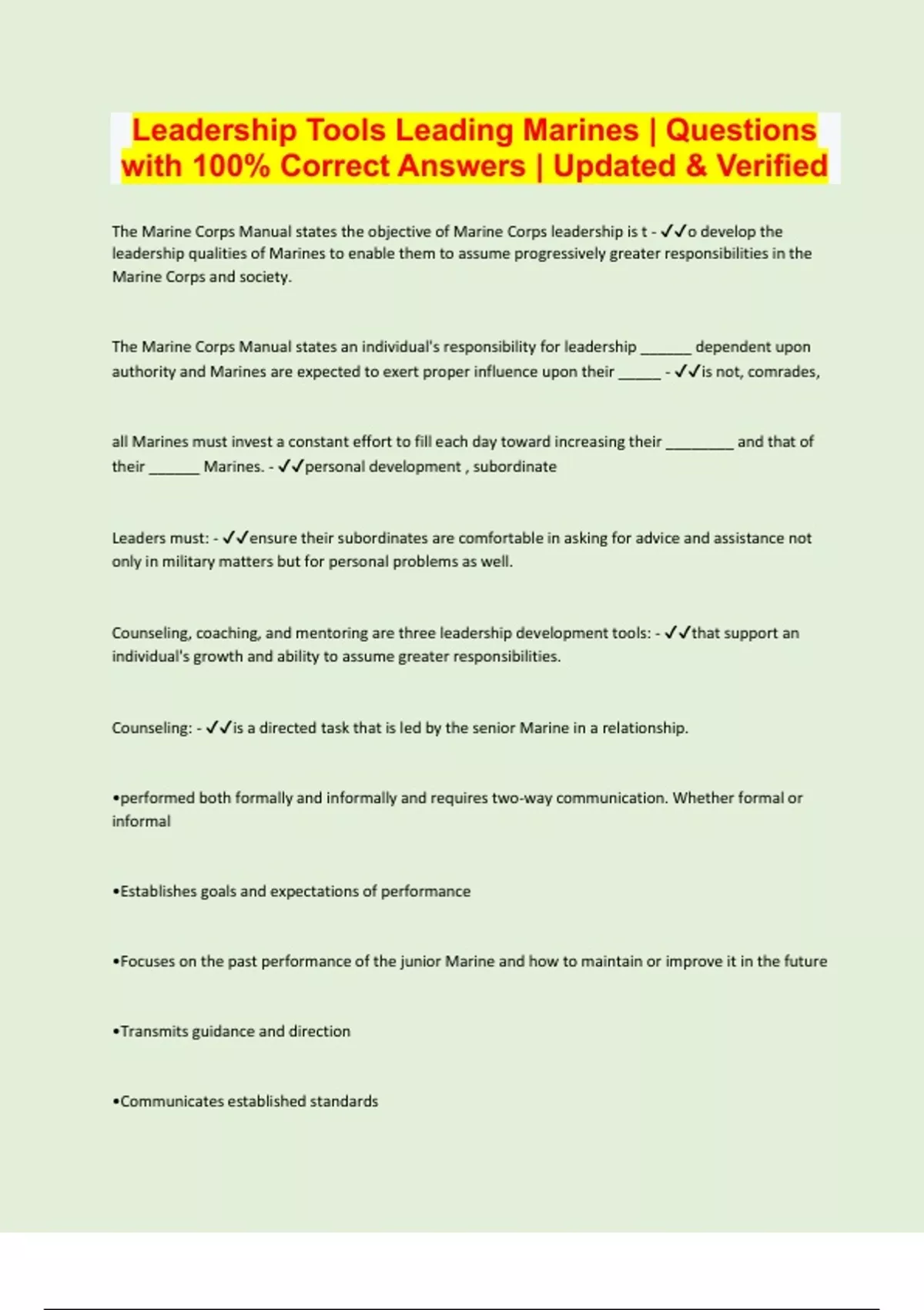 Leadership Tools Leading Marines | Questions with 100% Correct Answers ...