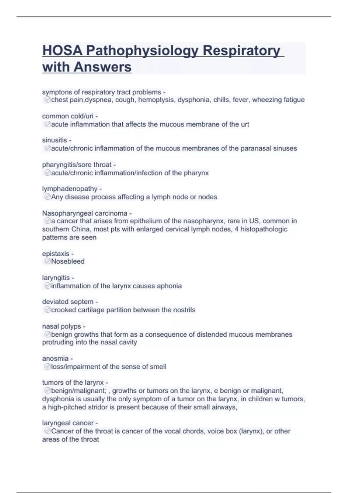 HOSA Pathophysiology Respiratory with Answers - Advance nursing - Stuvia US