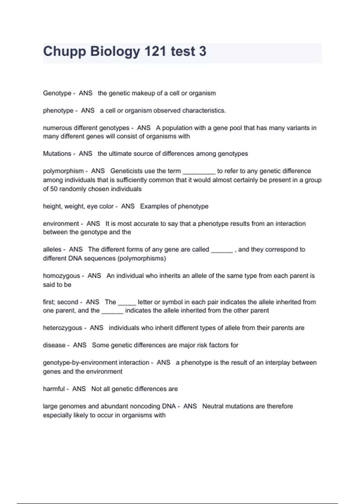Chupp Biology 121 test 3 Exam Questions And Answers - BIO 121 - Stuvia US