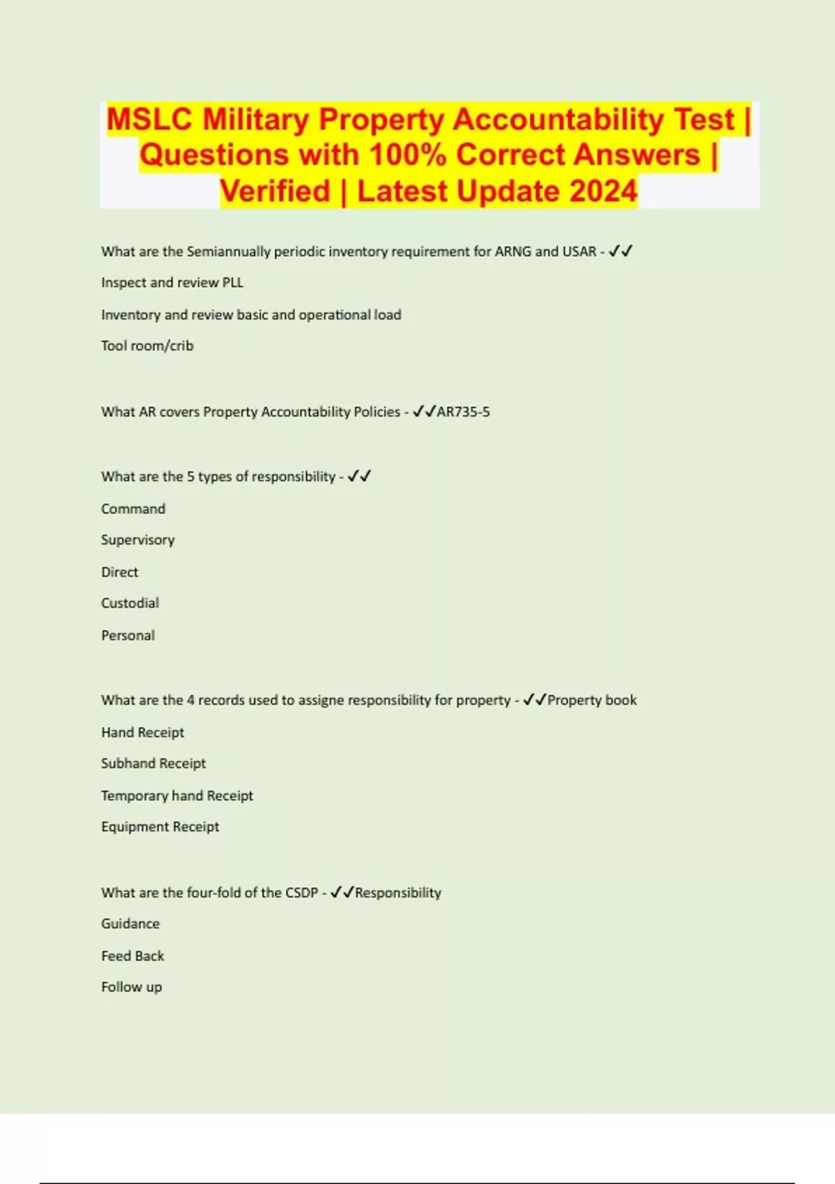 MSLC Military Property Accountability Test | Questions with 100% ...
