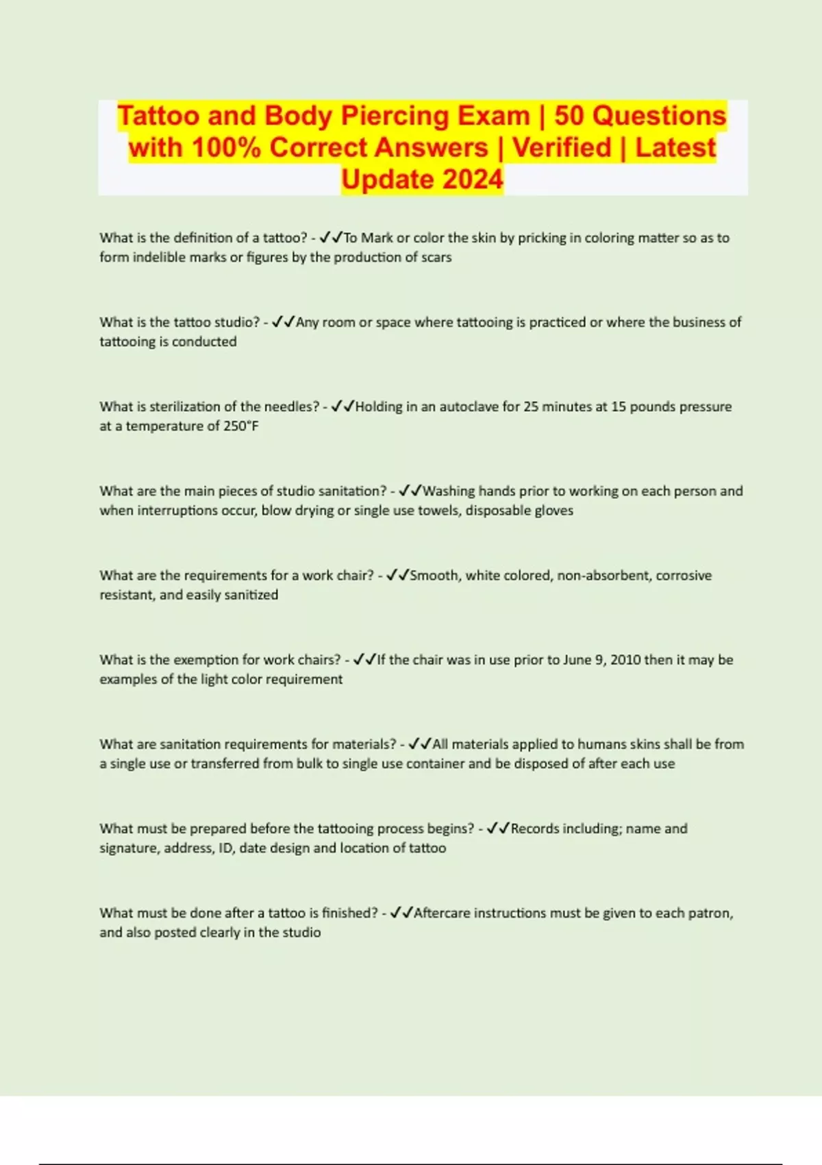 Tattoo and Body Piercing Exam | 50 Questions with 100% Correct Answers ...