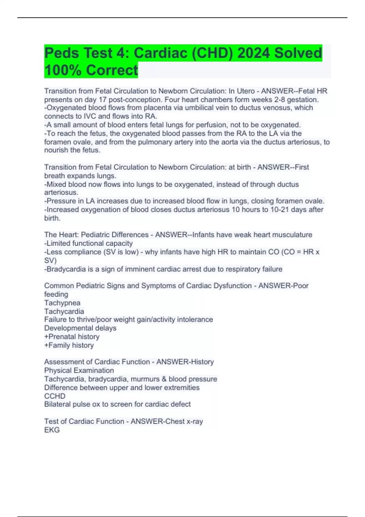 Peds Test 4: Cardiac (CHD) 2024 Solved 100% Correct - Peds - Stuvia US
