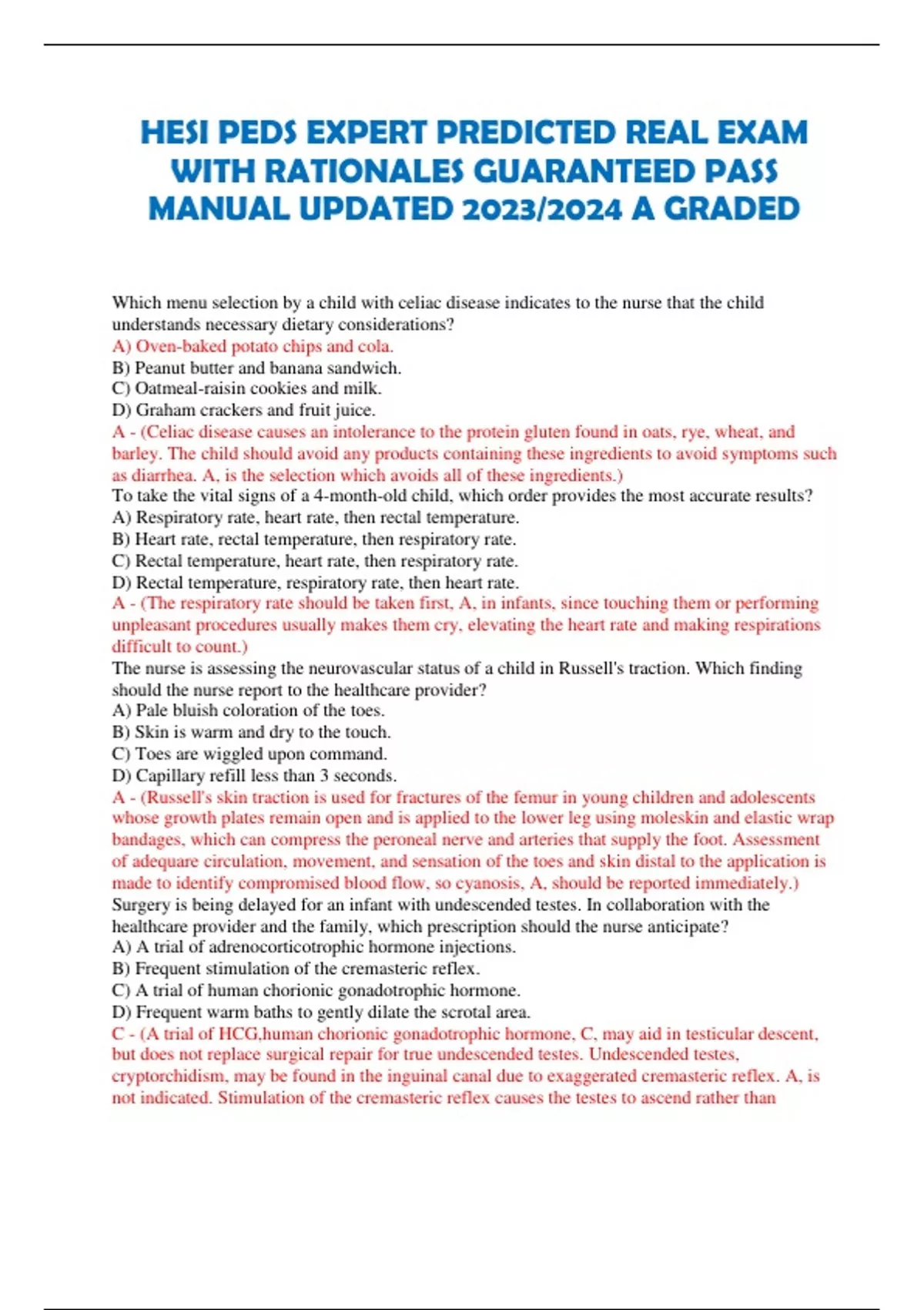 HESI PEDS EXPERT PREDICTED REAL EXAM WITH RATIONALES GUARANTEED PASS ...