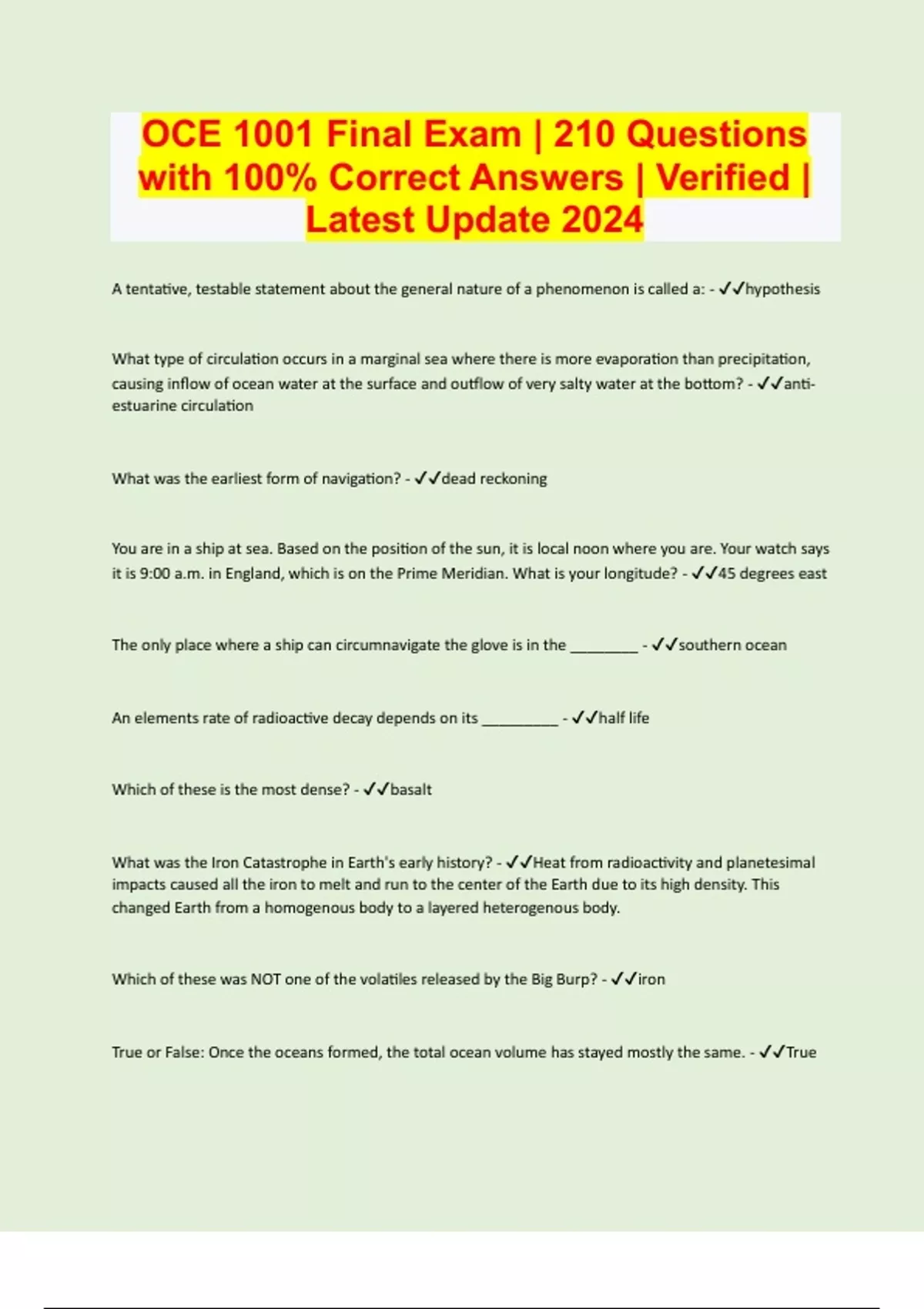 OCE 1001 Final Exam | 210 Questions with 100% Correct Answers ...