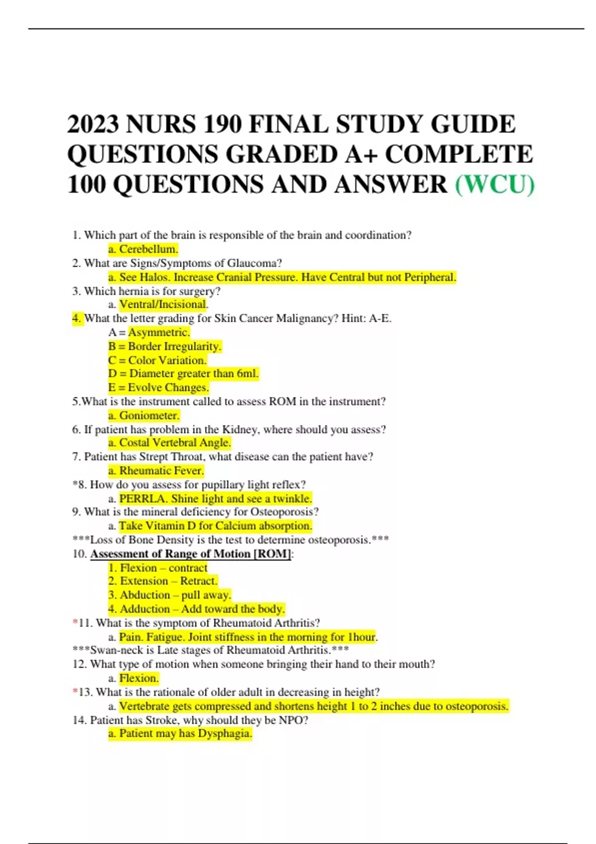 2024 NURS 190 FINAL STUDY GUIDE QUESTIONS GRADED A+ COMPLETE 100 ...