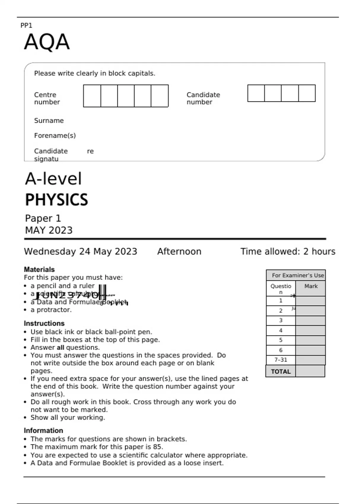 AQA A-level PHYSICS Paper 1 MAY 2023 FINAL QUESTION PAPER - AQA PHYSICS ...