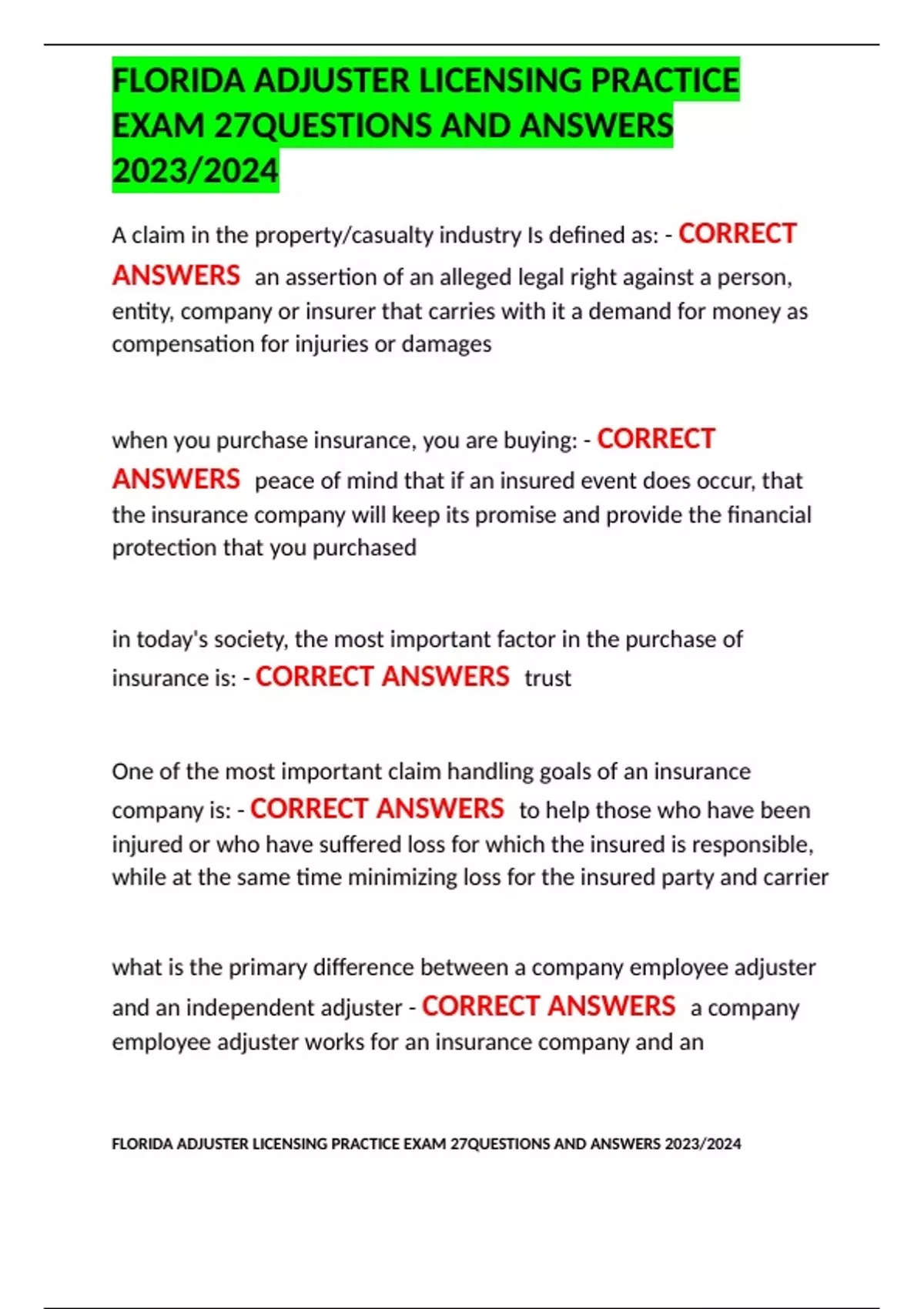 Summary FLORIDA ADJUSTER LICENSING PRACTICE EXAM 27QUESTIONS AND ...
