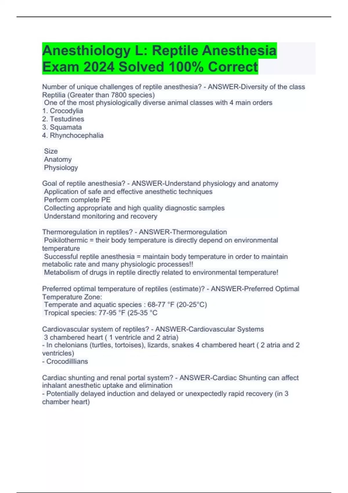 Anesthiology L: Reptile Anesthesia Exam 2024 Solved 100% Correct ...