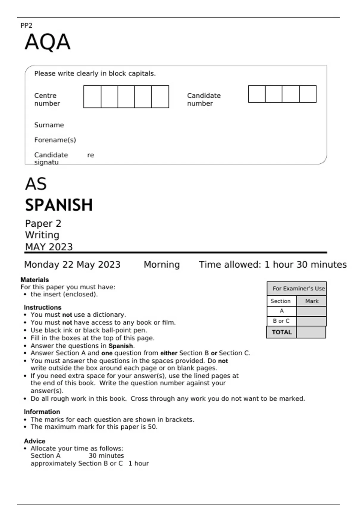 AQA AS LEVEL SPANISH Paper 2 MAY 2023 FINAL QUESTION PAPER - AQA ...