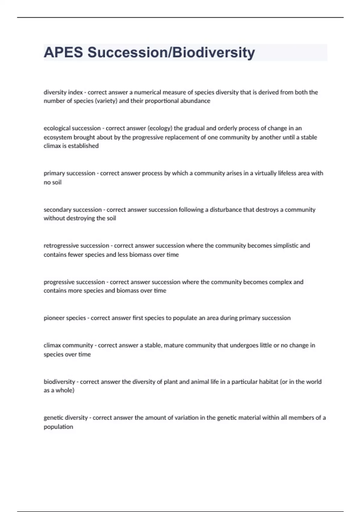 APES Succession Biodiversity Question and answers correctly solved 2023 ...