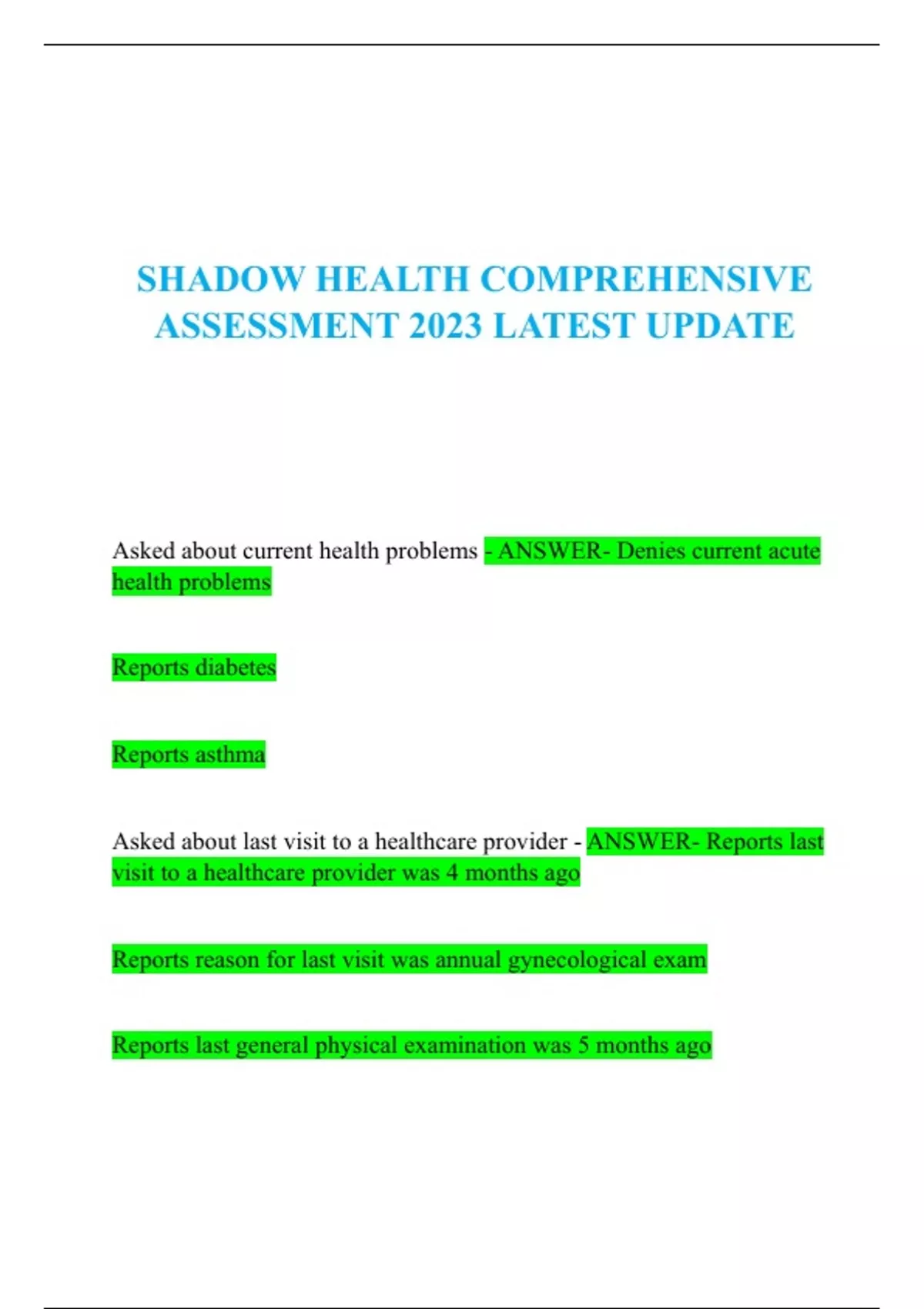 SHADOW HEALTH COMPREHENSIVE ASSESSMENT 2023 LATEST UPDATE - SHADOW ...