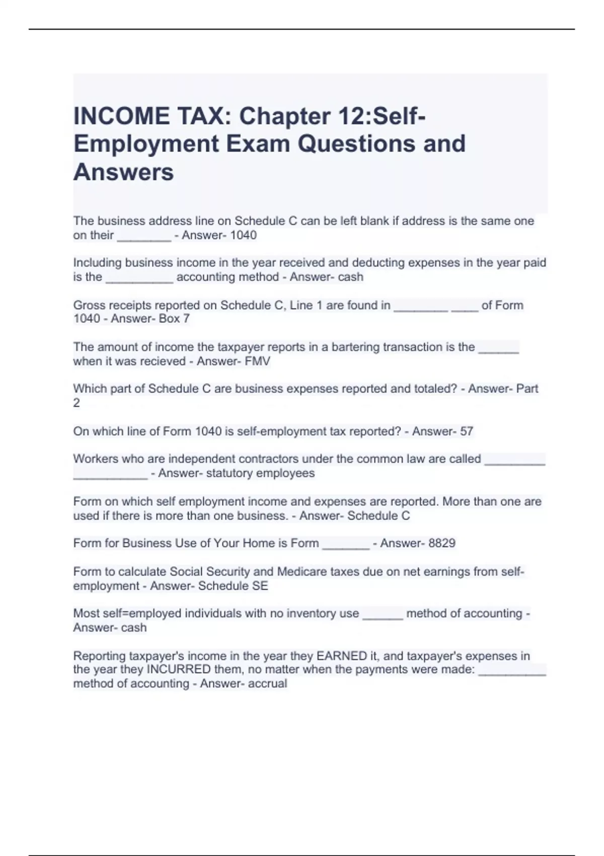 INCOME TAX Chapter 1-Self-Employment Exam Questions and Answers ...