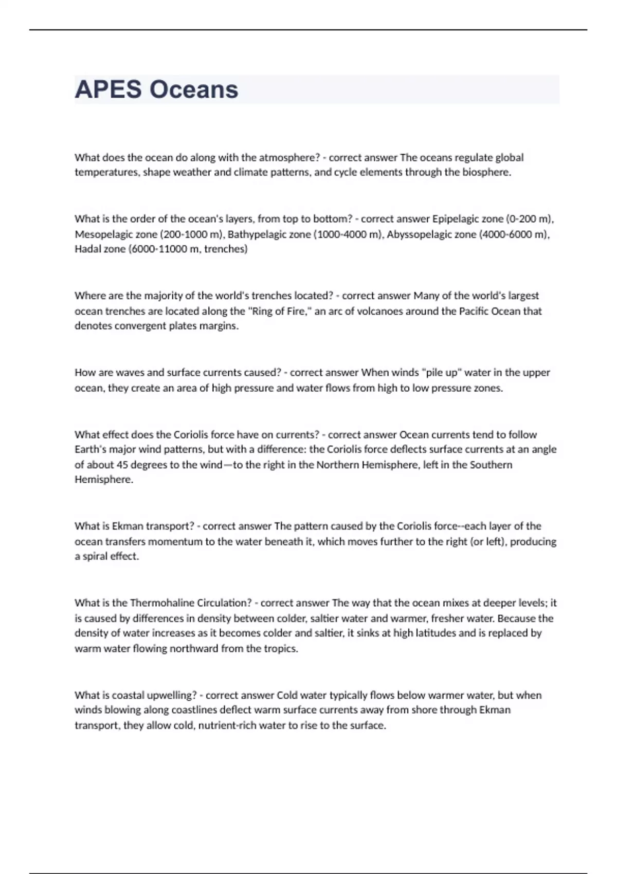 APES Oceans Question and answers 100% correct 2023/2024 - APES - Stuvia US