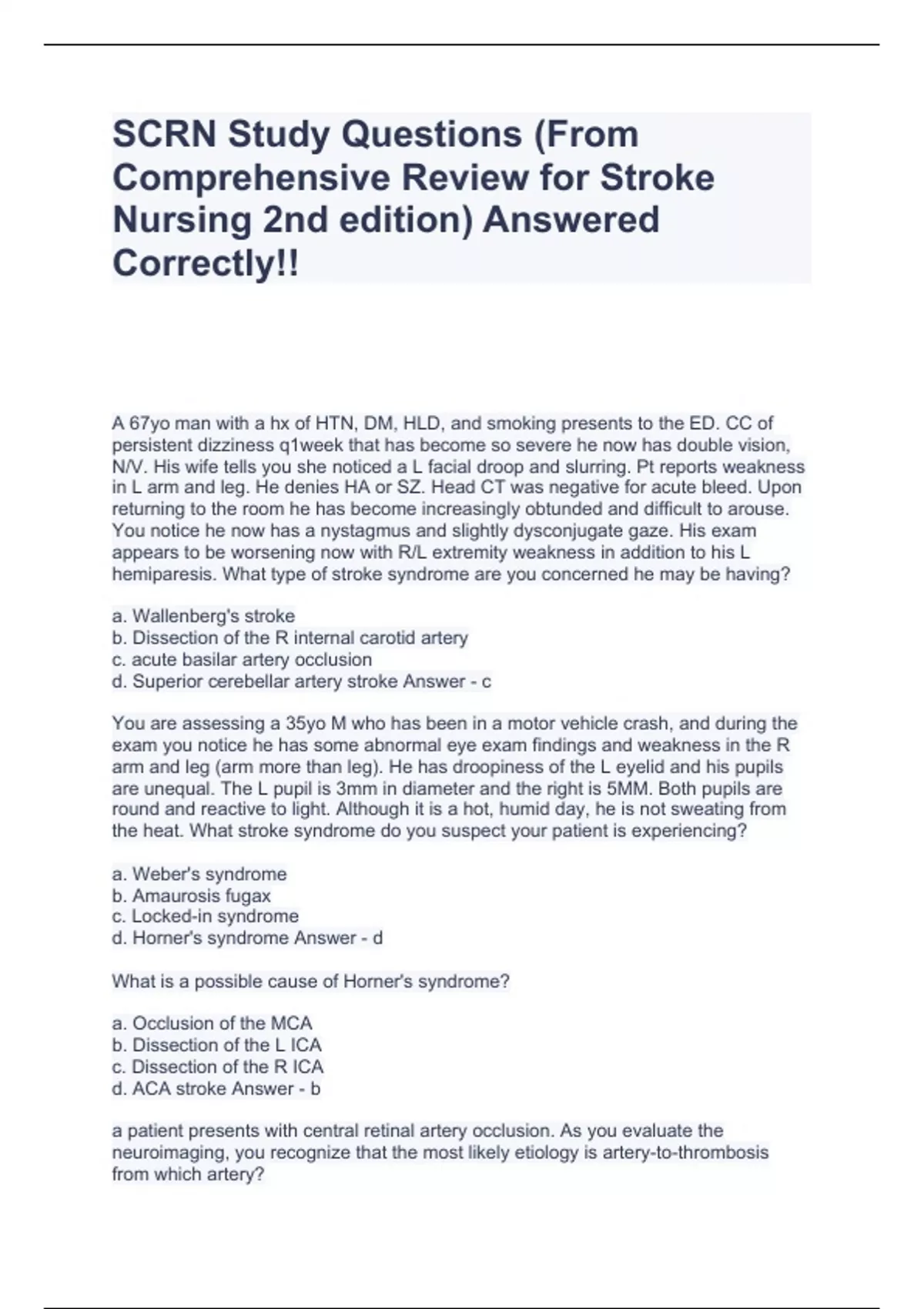 SCRN Study Questions (From Comprehensive Review for Stroke Nursing 2nd ...