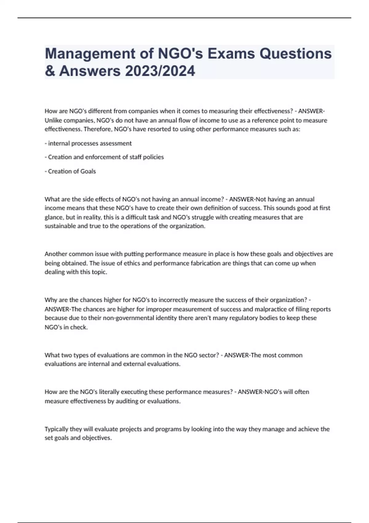 Management of NGO's Exams Questions & Answers 2023/2024 - Management of ...