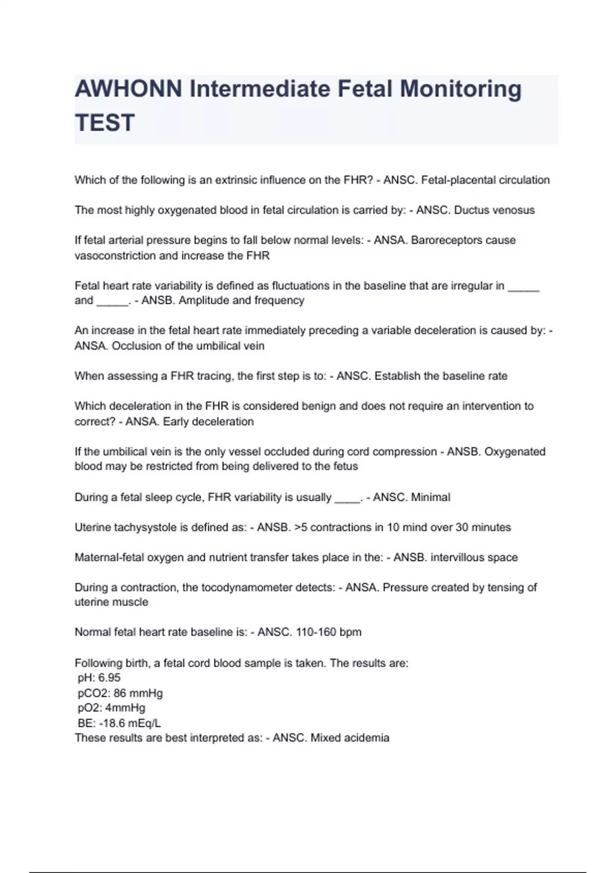 AWHONN Intermediate Fetal Monitoring TEST Questions and Answers 2024/ ...