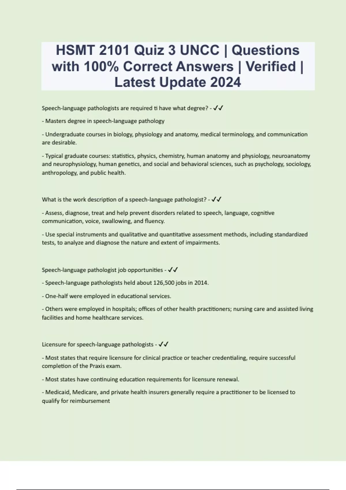 HSMT 2101 Quiz 3 UNCC | Questions with 100% Correct Answers | Verified ...