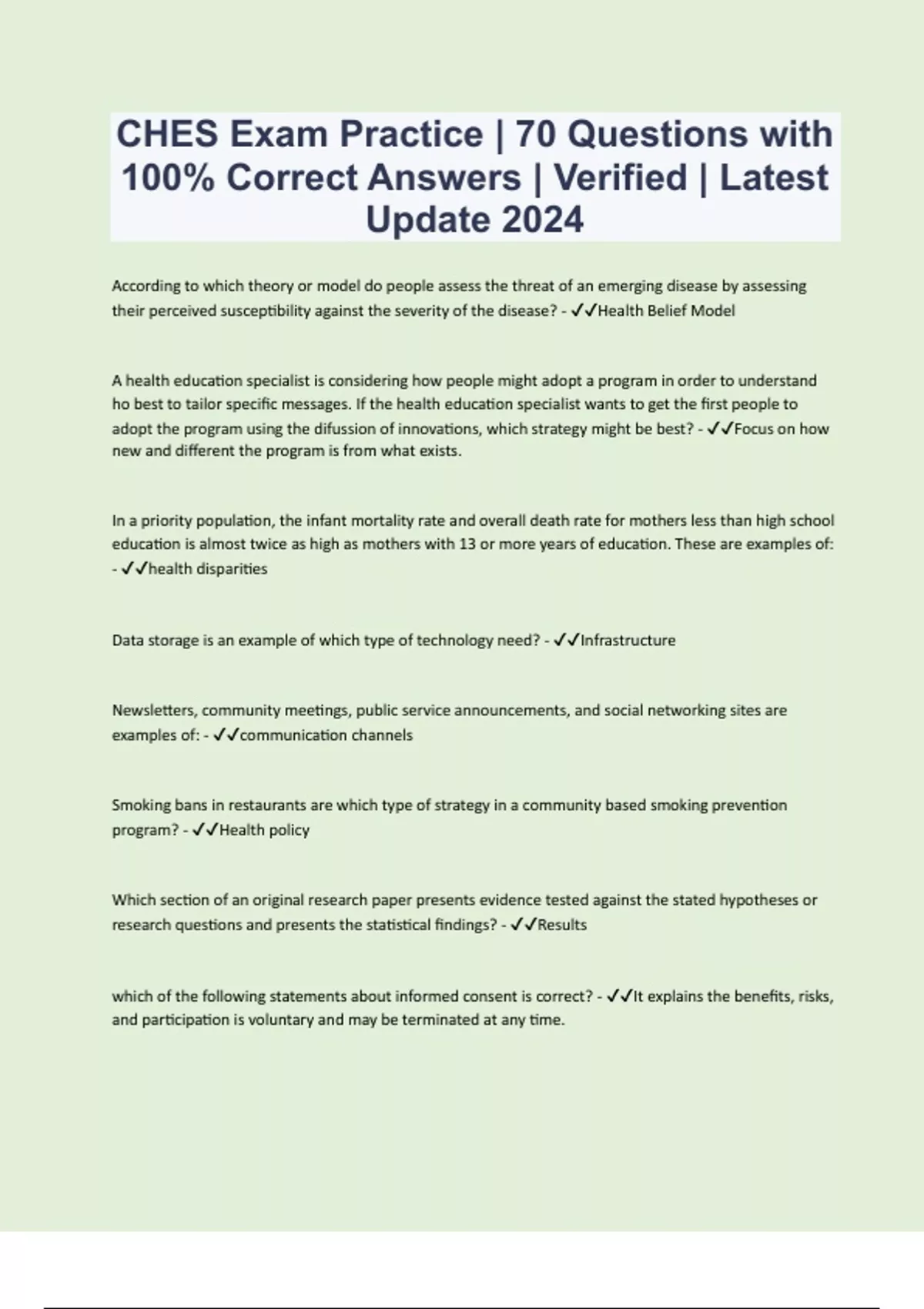 CHES Exam Practice | 70 Questions with 100% Correct Answers | Verified ...