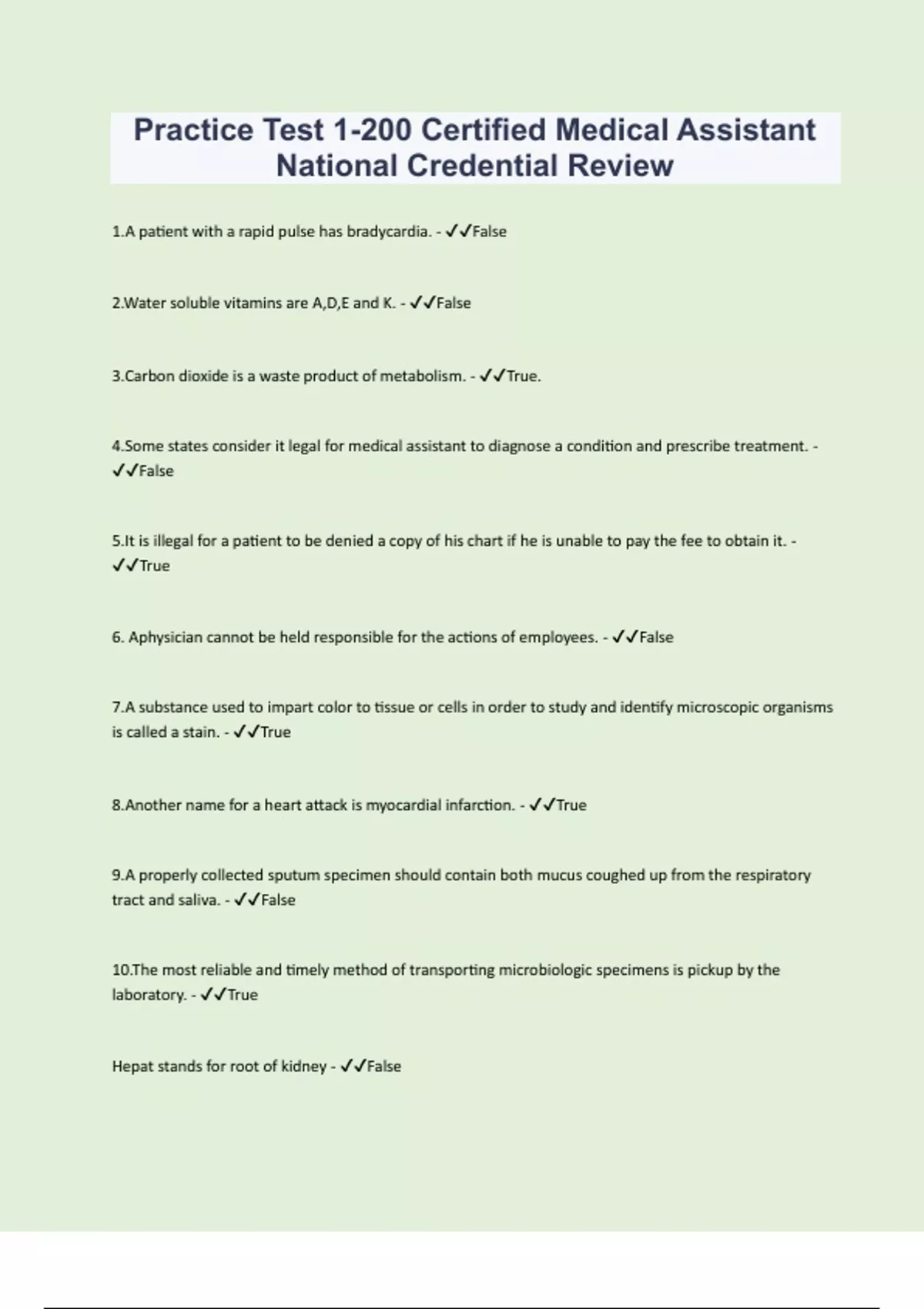 Practice Test 1-200 Certified Medical Assistant National Credential ...