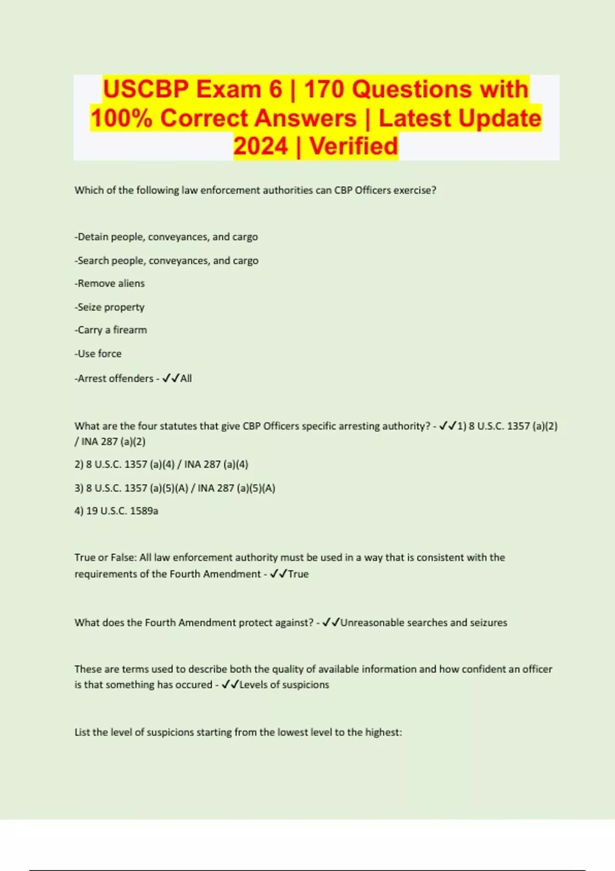 USCBP Exam 6 | 170 Questions with 100% Correct Answers | Latest Update ...