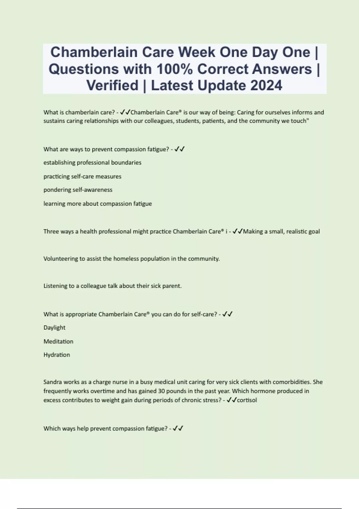 Chamberlain Care Week One Day One | Questions with 100% Correct Answers ...
