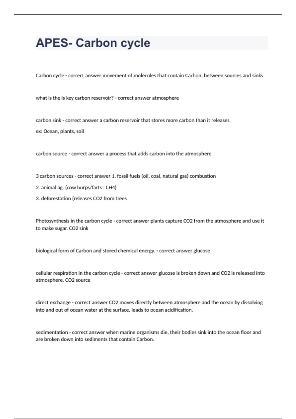 APES- Carbon cycle Question and answers 100% correct 2023/2024 - APES ...
