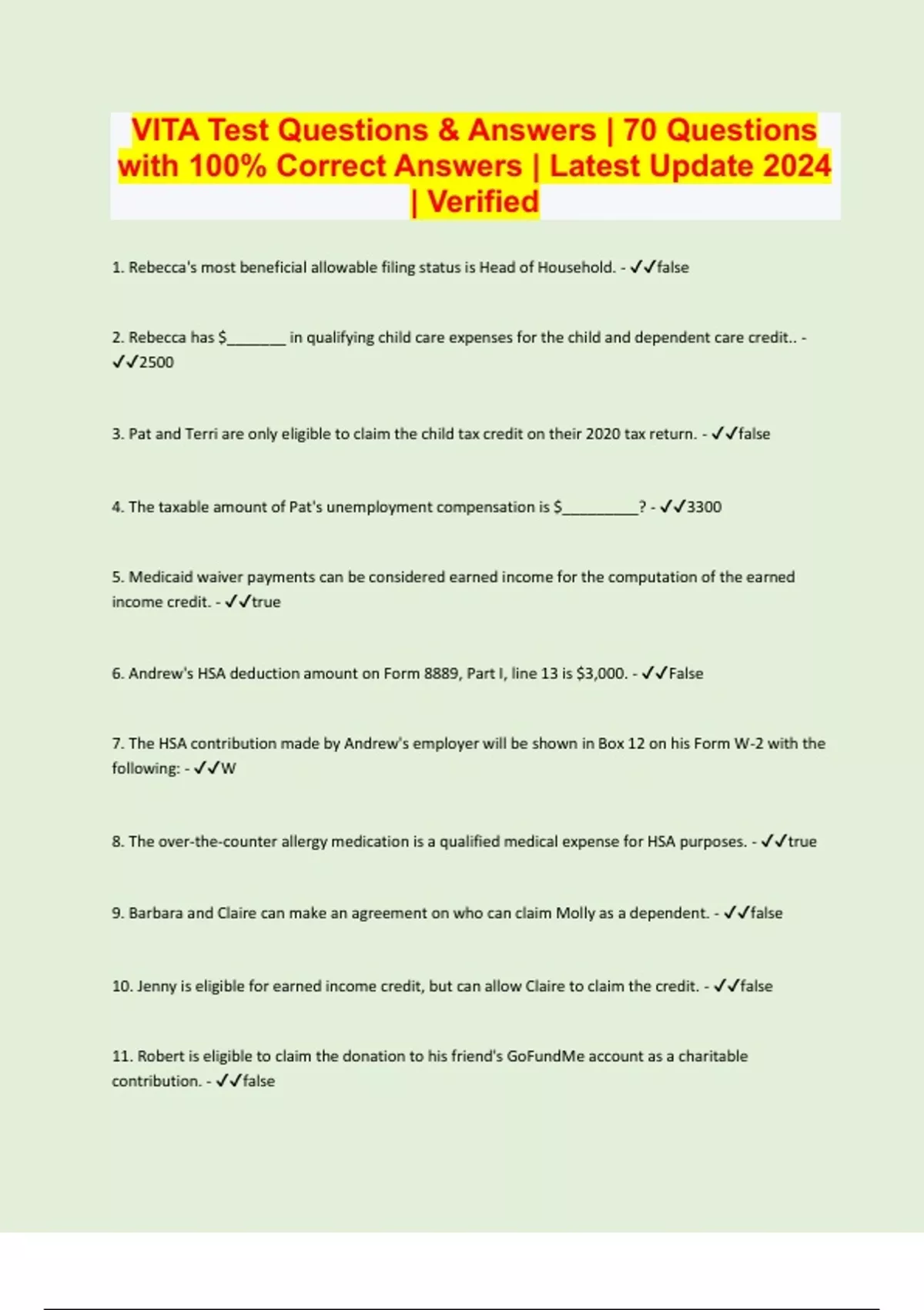VITA Test Questions & Answers | 70 Questions with 100% Correct Answers ...