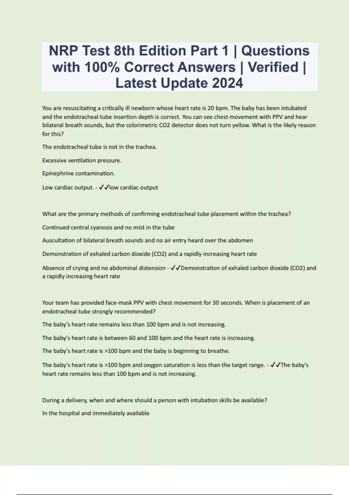 NRP Test 8th Edition Part 1 | Questions with 100% Correct Answers ...