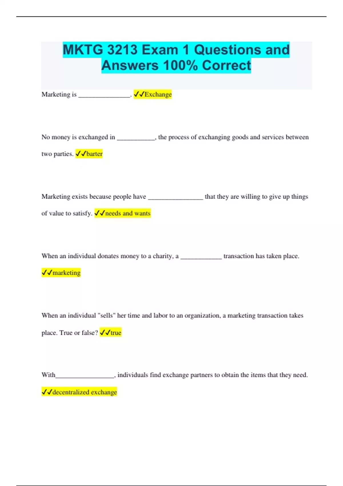 MKTG 3213 Exam 1 Questions and Answers 100% Correct - MKTG 3213 - Stuvia US