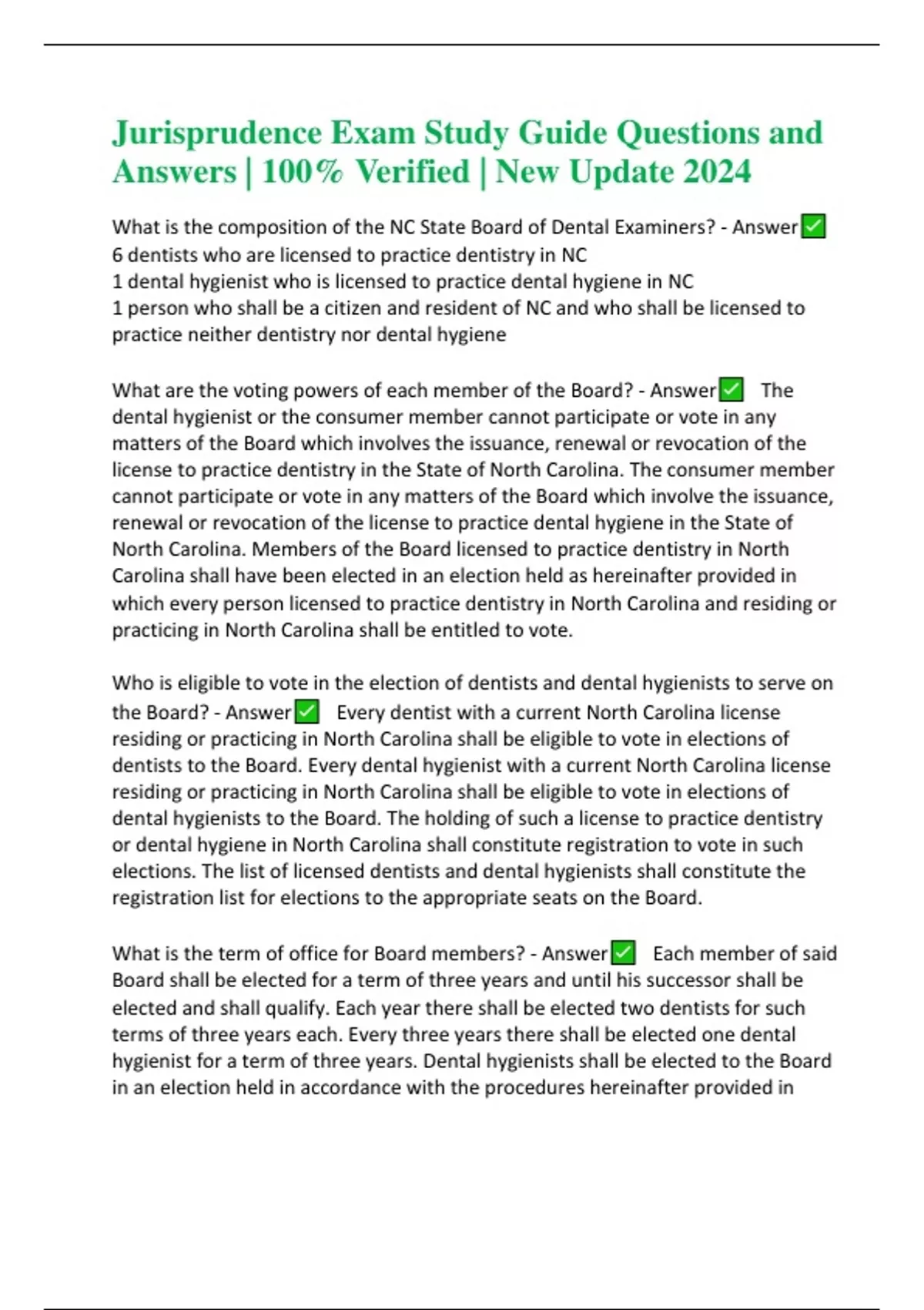 NC Dental Jurisprudence Exam BUNDLED Actual Questions and Answers 100% ...