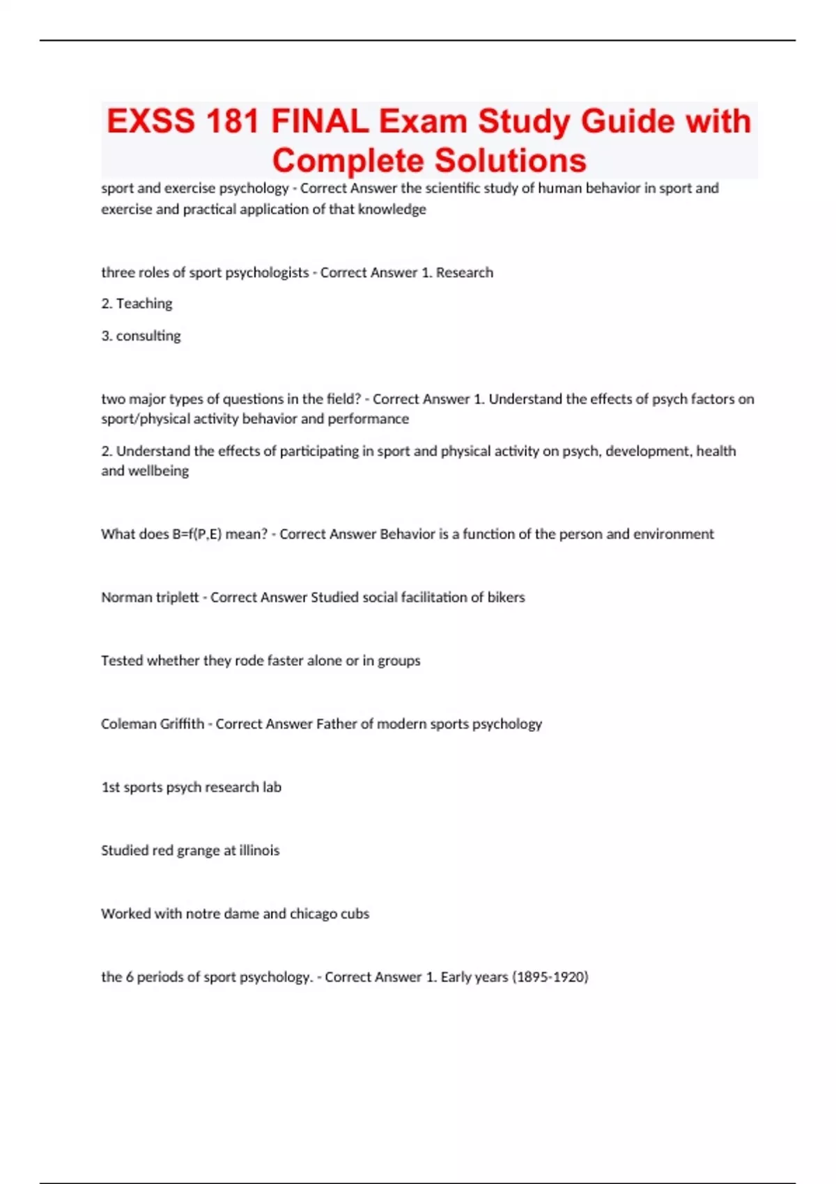 EXSS 181 FINAL Exam Study Guide with Complete Solutions - EXSS 181 ...