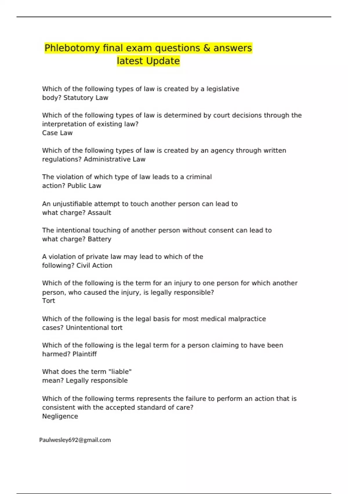 Phlebotomy final exam questions & answers latest Update - Phlebotomy ...