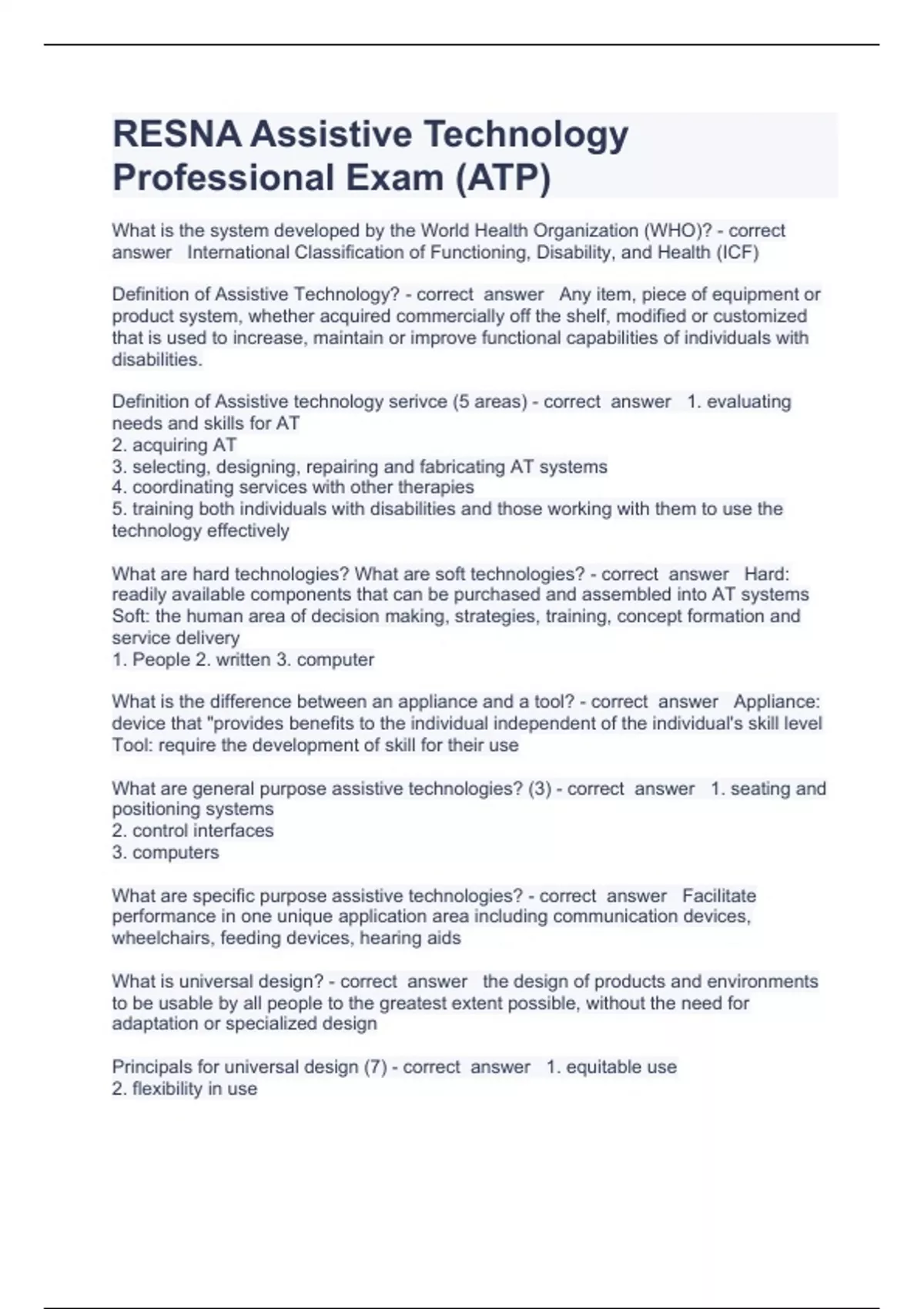 Resna Assistive Technology Professional Exam Question And Answers Correctly Solved 2023 2024