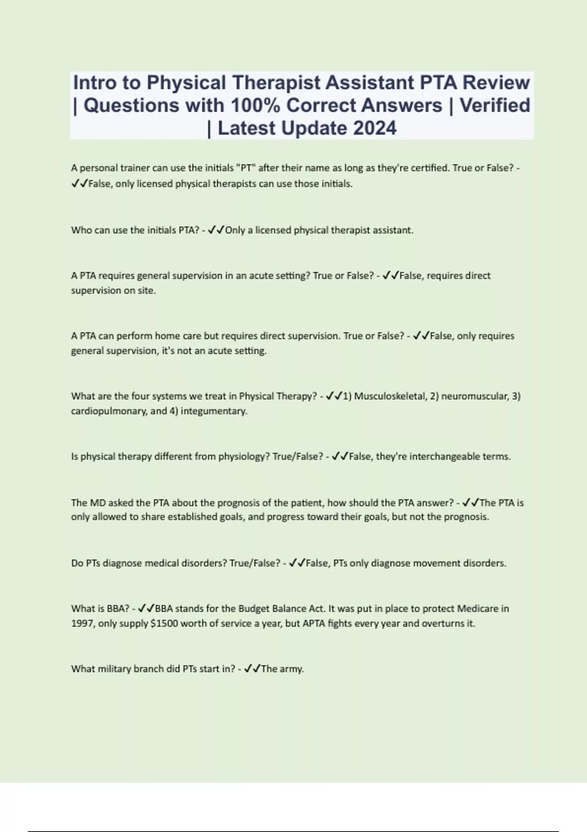 Intro to Physical Therapist Assistant PTA Review | Questions with 100% Correct Answers ...