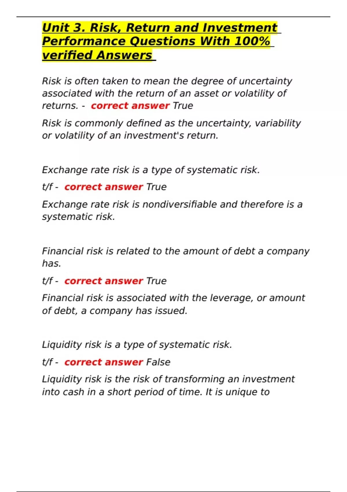 Unit 3. Risk, Return and Investment Performance Questions With 100% ...
