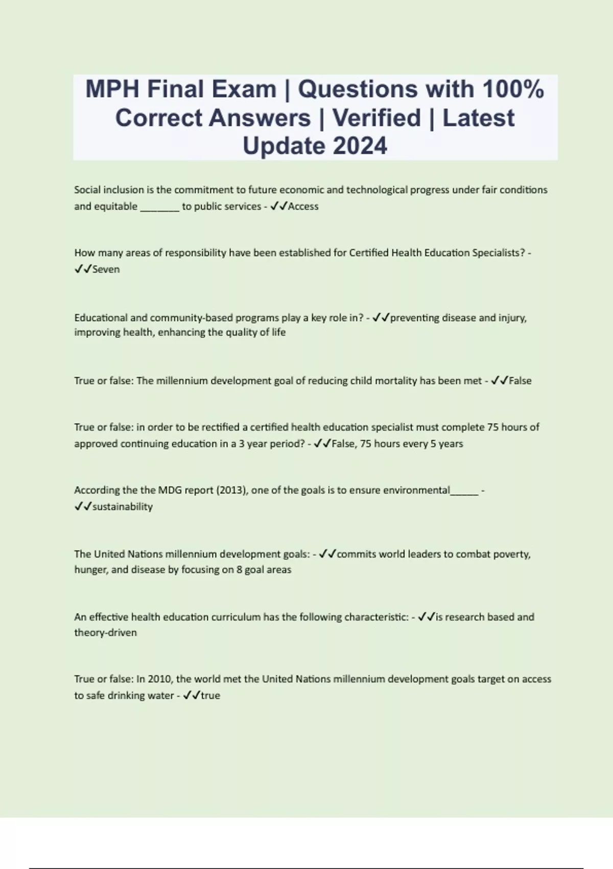 MPH Final Exam | Questions with 100% Correct Answers | Verified ...