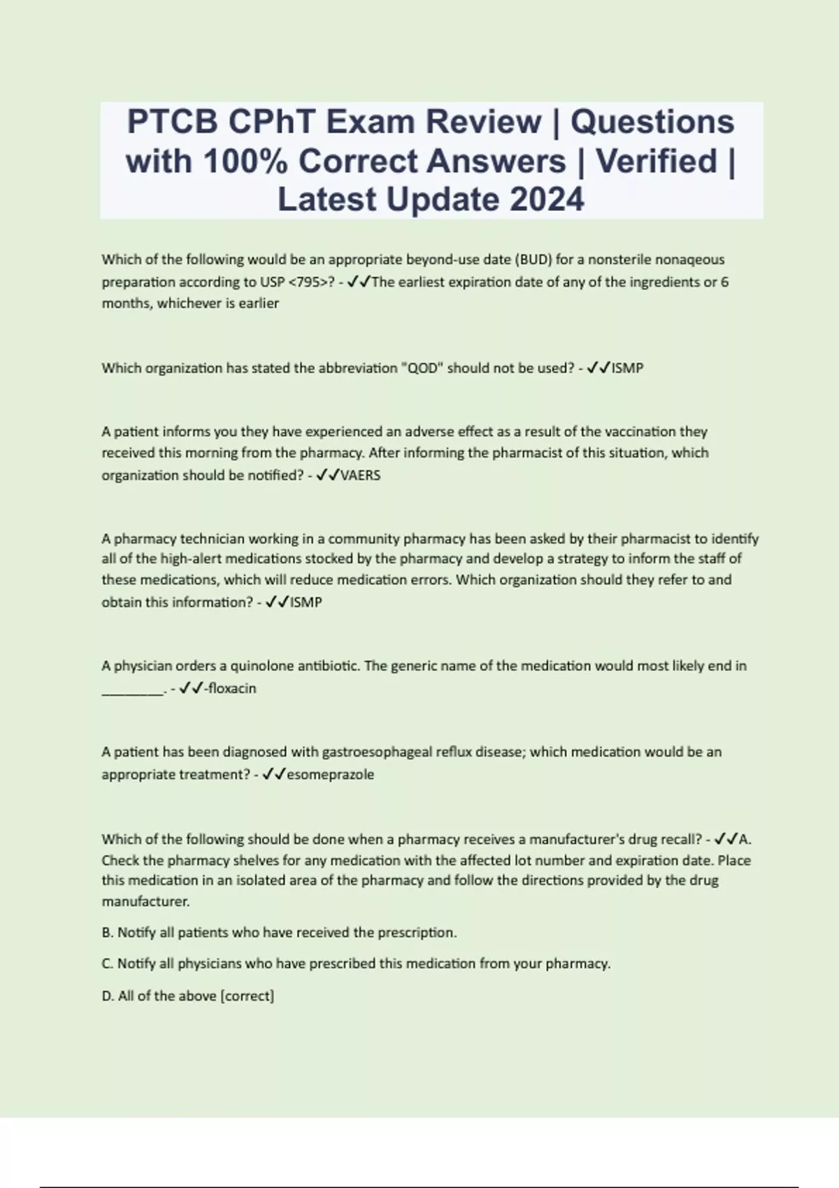 PTCB CPhT Exam Review | Questions with 100% Correct Answers | Verified ...