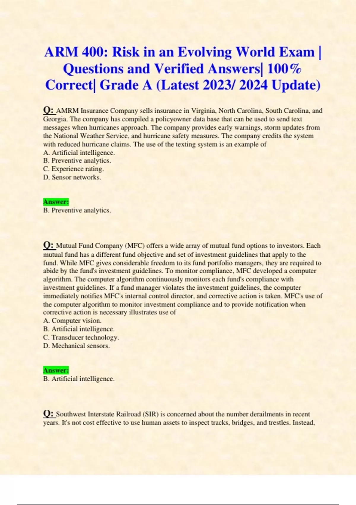 ARM 400: Risk in an Evolving World Exam | Questions and Verified ...