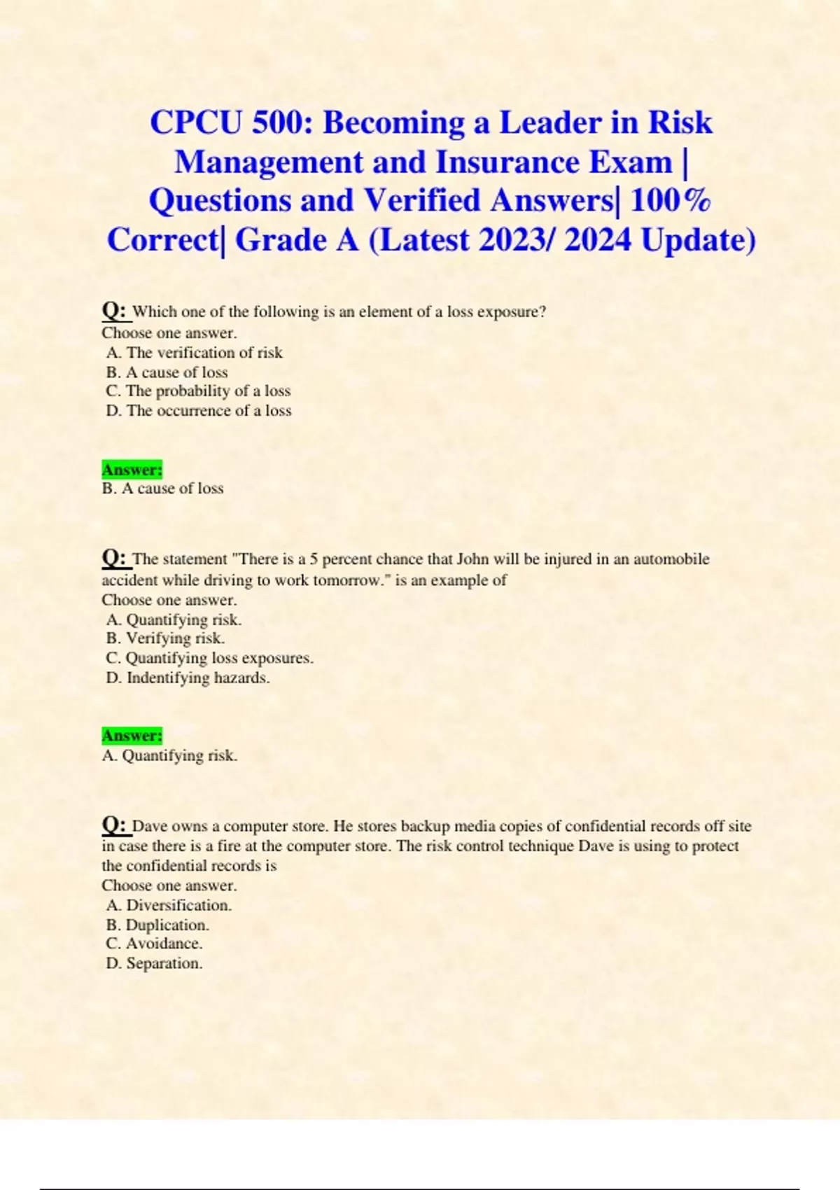 CPCU 500: Becoming a Leader in Risk Management and Insurance Exam ...