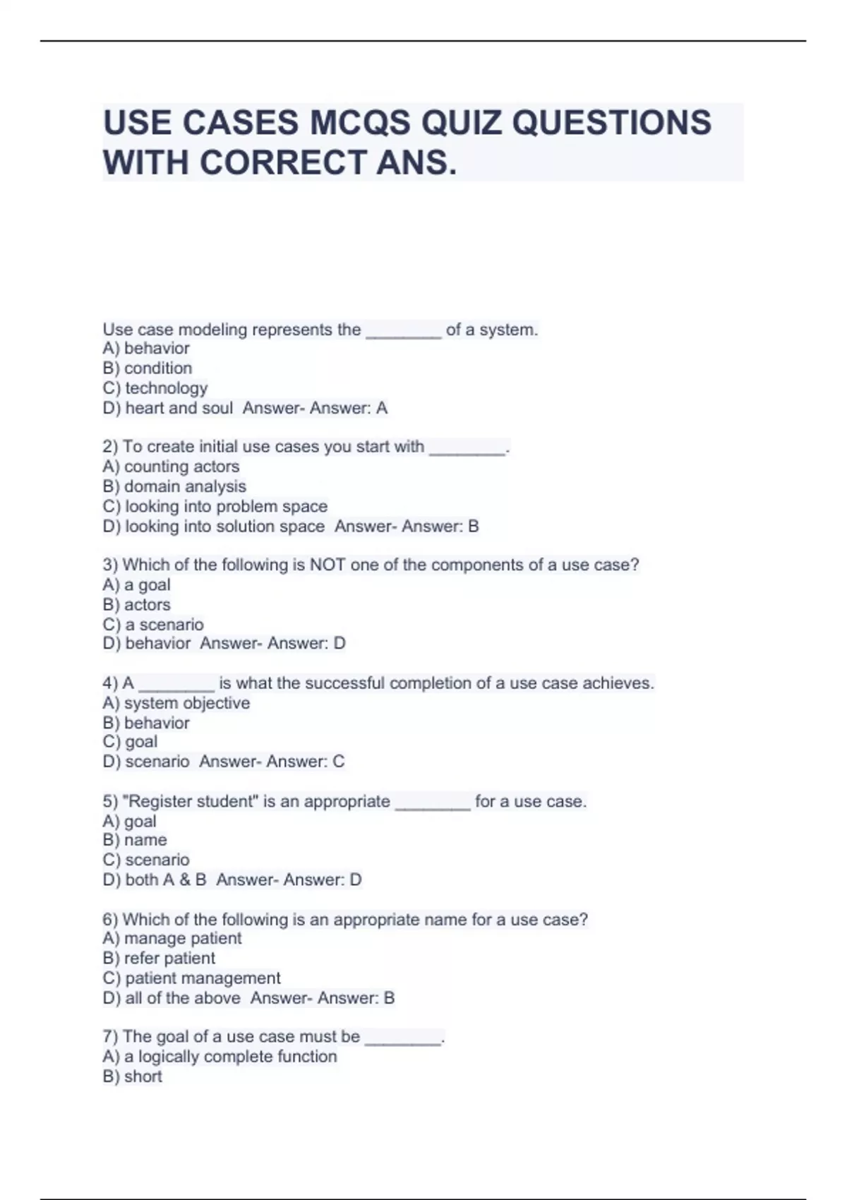 USE CASES MCQS QUIZ QUESTIONS WITH CORRECT ANS. - MCQS - Stuvia US