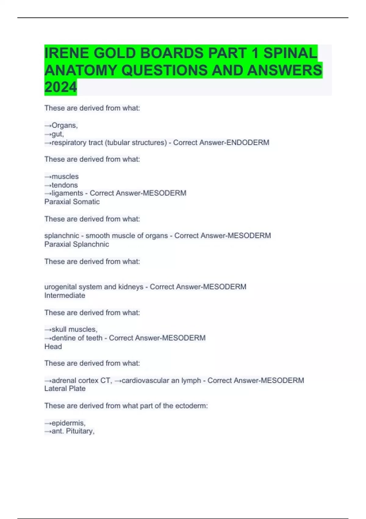 IRENE GOLD BOARDS PART 1 SPINAL ANATOMY QUESTIONS AND ANSWERS 2024 ...