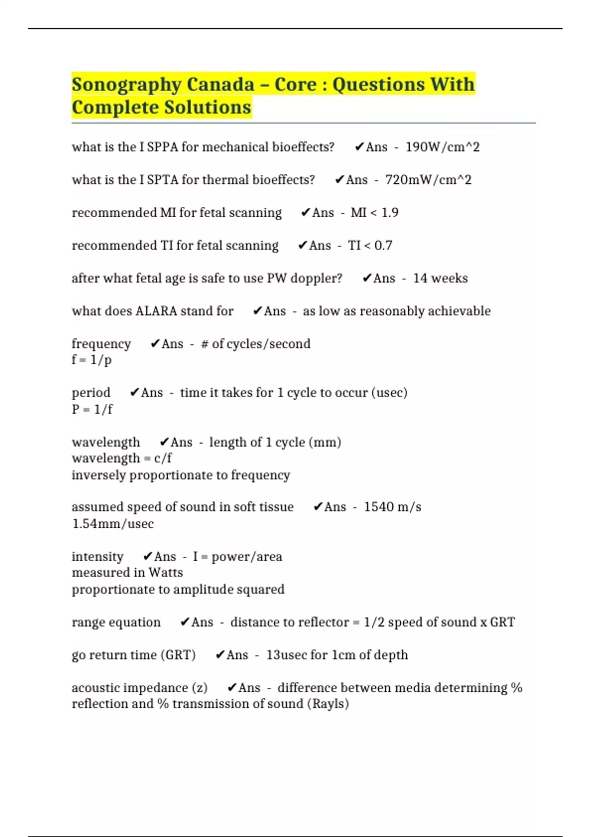 Sonography Canada – Core : Questions With Complete Solutions ...