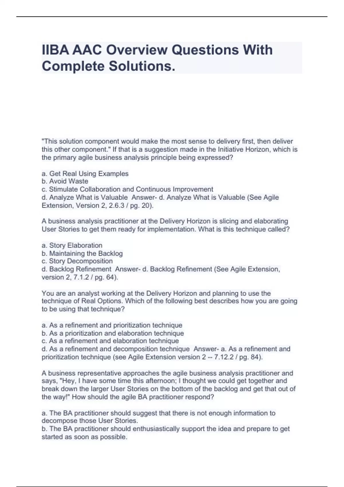 IIBA AAC Overview Questions With Complete Solutions. - IIBA-AAC - Stuvia US