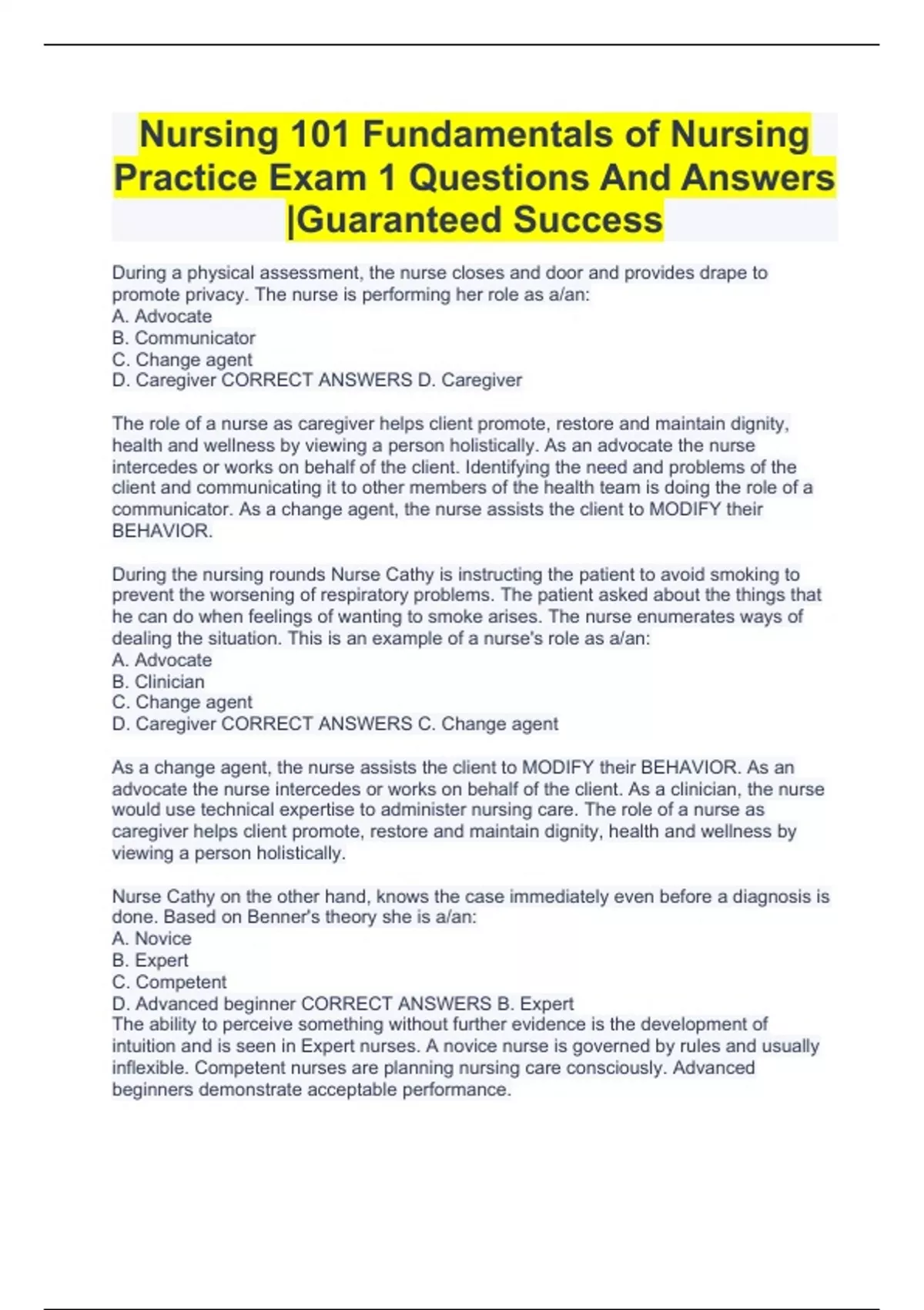 Nursing 101 Fundamentals of Nursing Practice Exam 1 Questions And ...