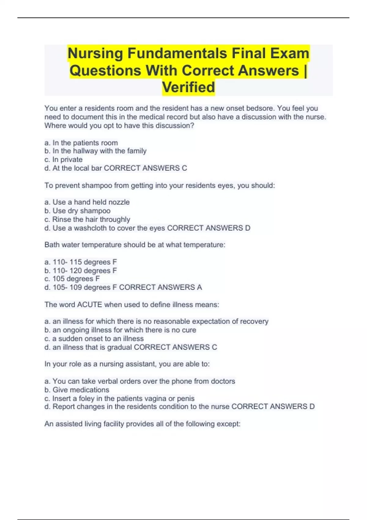 Nursing Fundamentals Final Exam Questions With Correct Answers ...