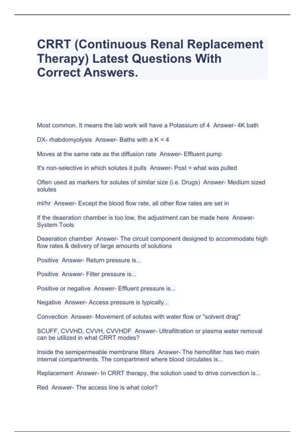 CRRT (Continuous Renal Replacement Therapy) Latest Questions With ...