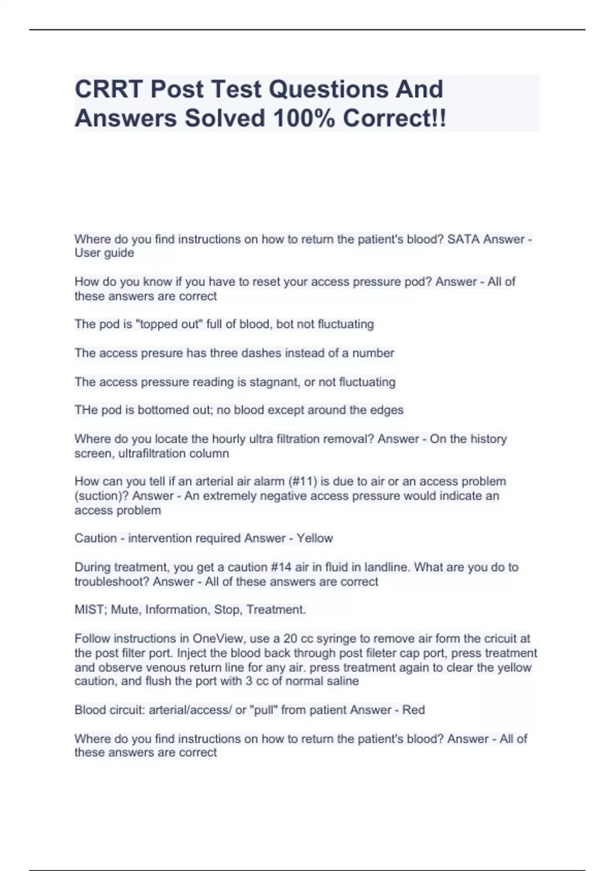 CRRT Post Test Questions And Answers Solved 100% Correct!! - CRRT ...