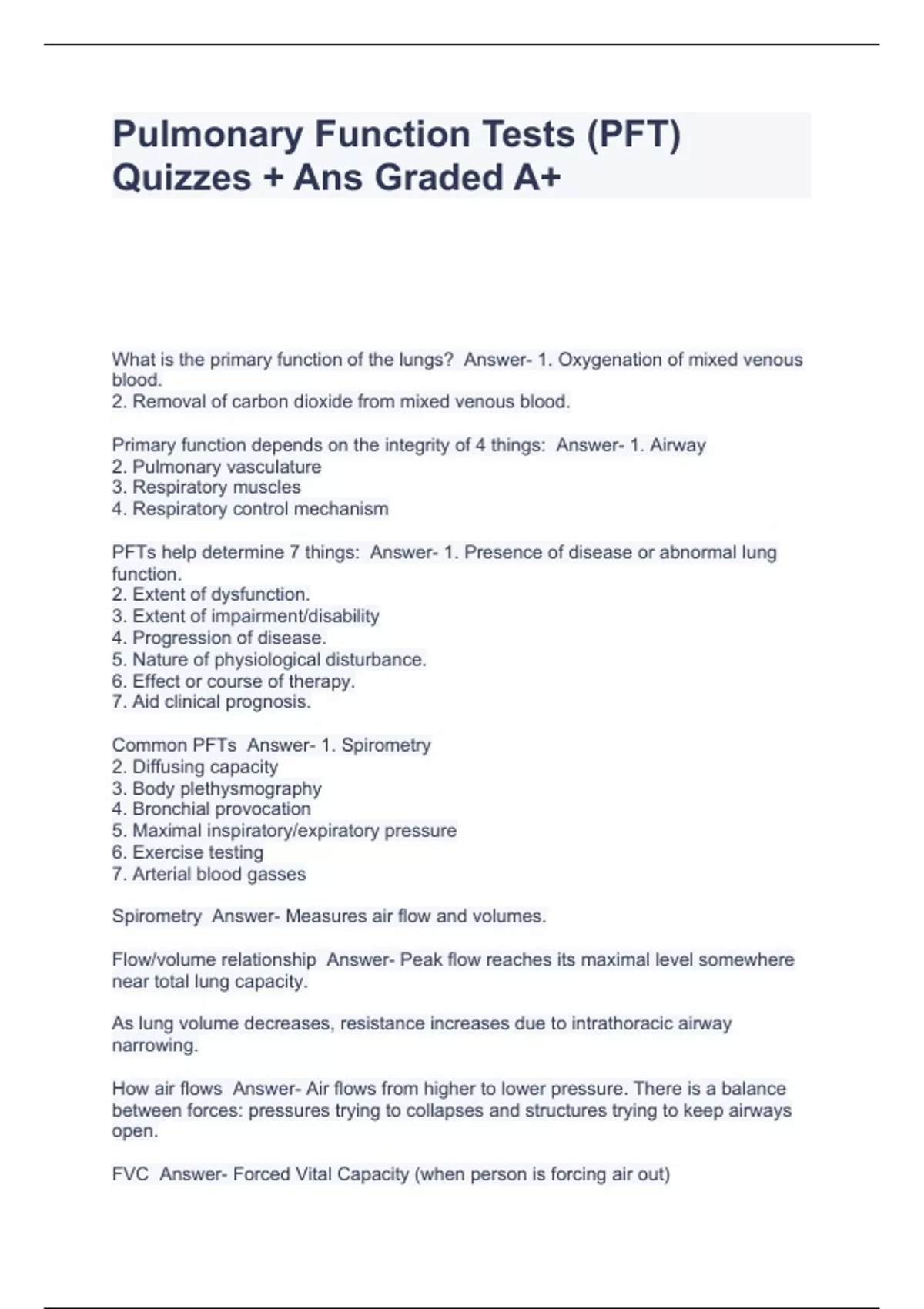 Pulmonary Function Tests (PFT) Quizzes + Ans Graded A+ - PFT - Stuvia US