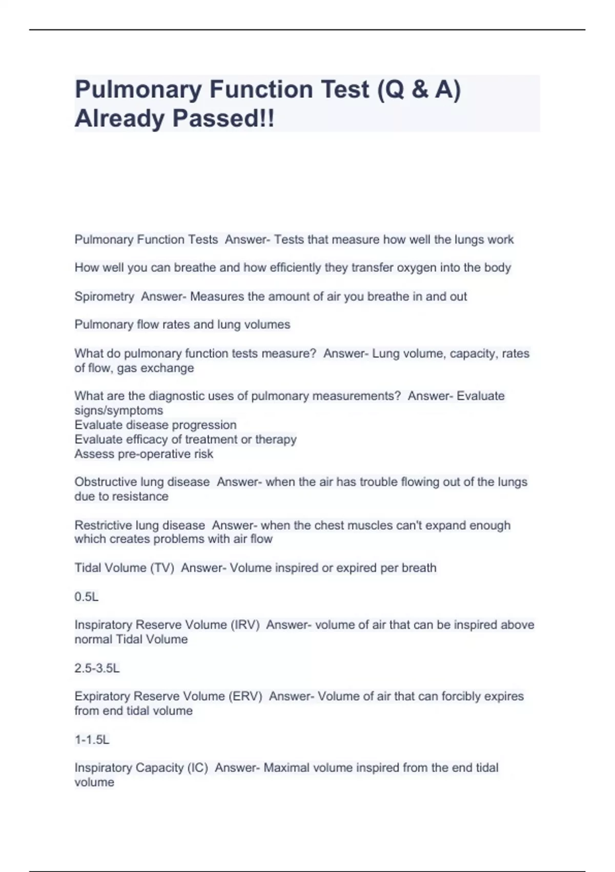 Pulmonary Function Test (Q & A) Already Passed!! - PFT - Stuvia US